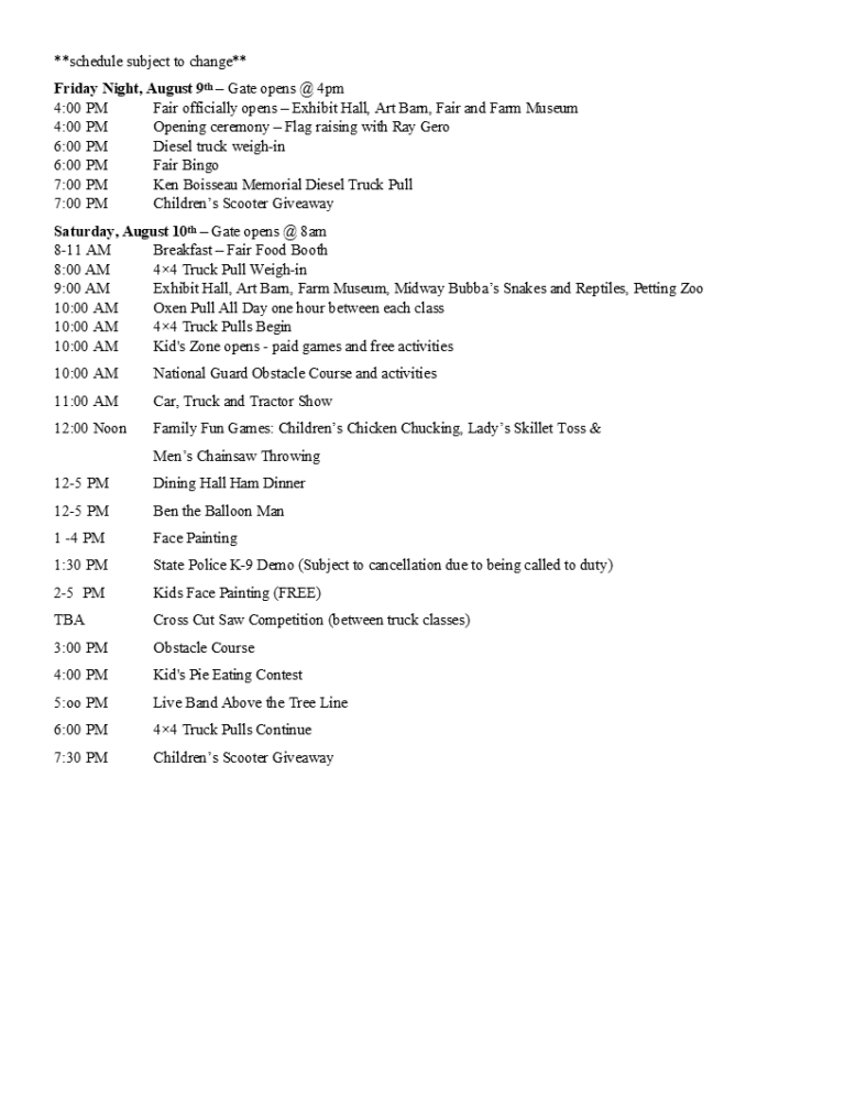 2024 Fair Schedule – The Middlefield Fair